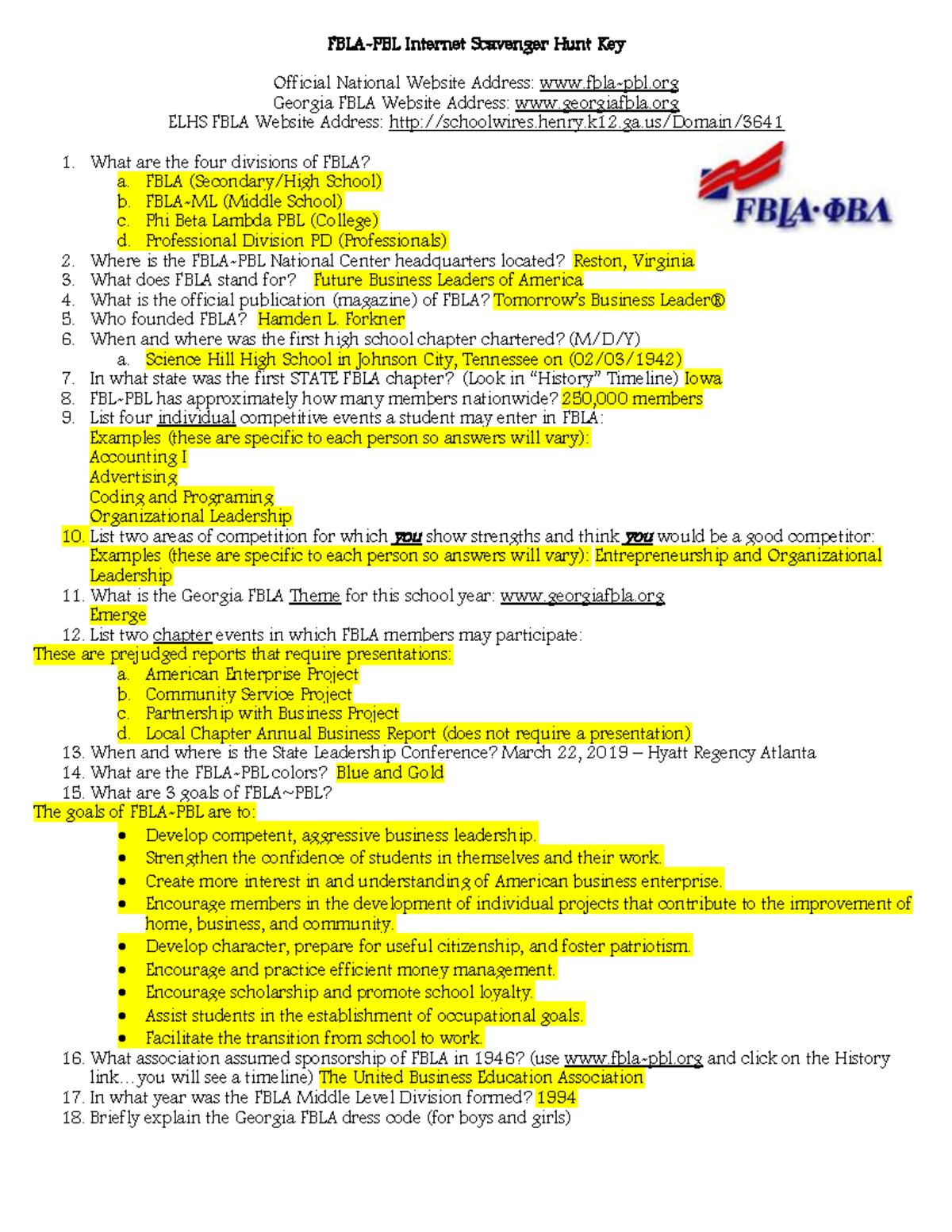 FBLA-PBL Internet Scavenger Hunt Answers Key and Resources - Studocu