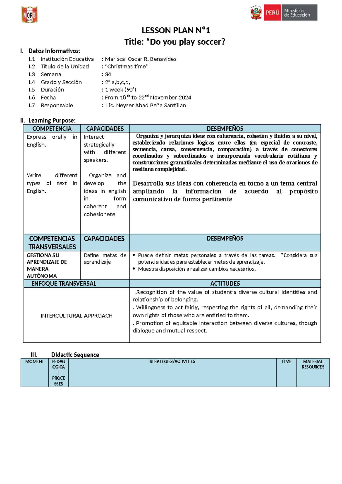 Lesson Plan Nº1: You Play Soccer? - 2° Grade English NAPS - Studocu