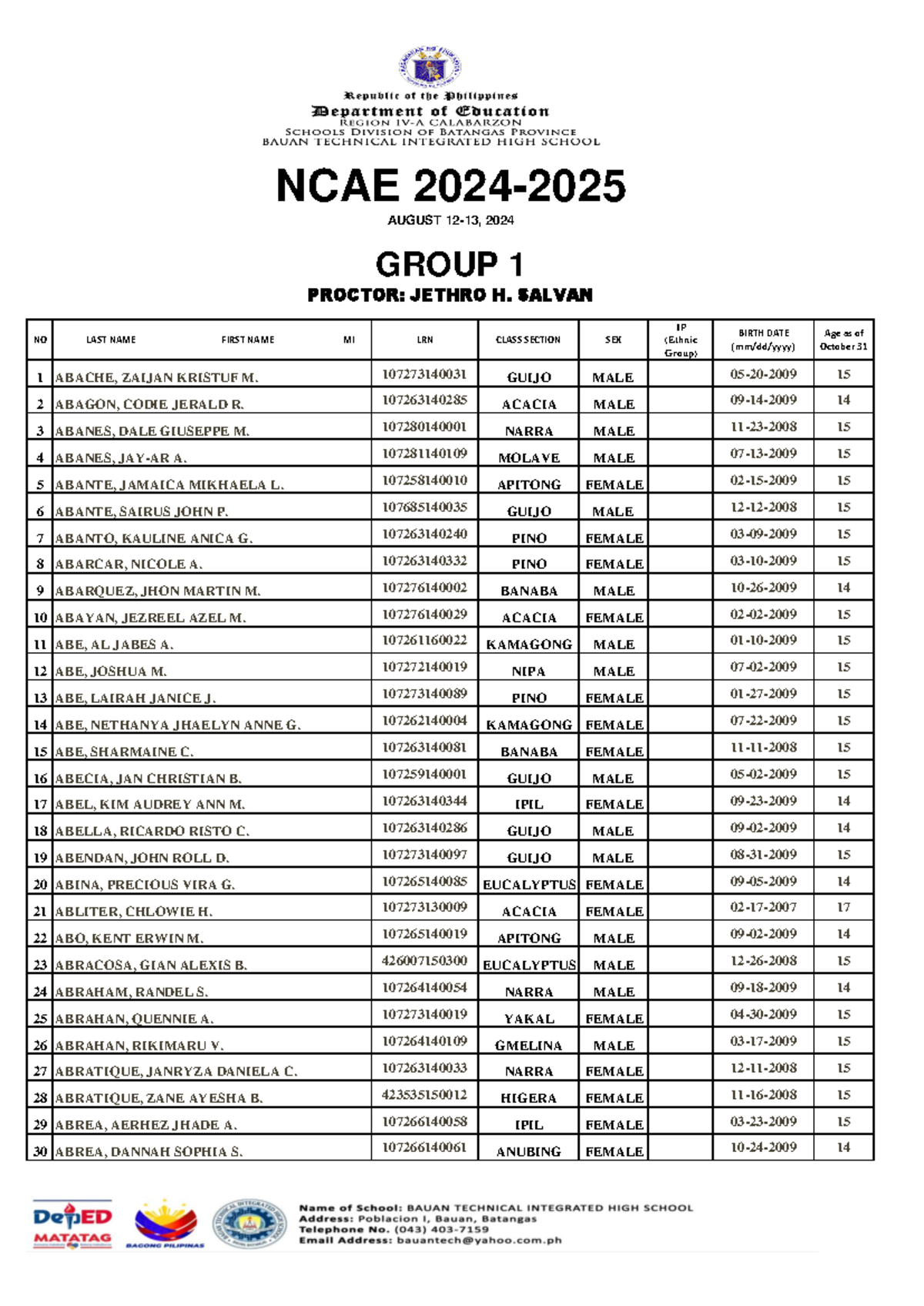 NCAE 2024 2025 G10 - NCAE - ####### NO LAST NAME FIRST NAME MI LRN ...