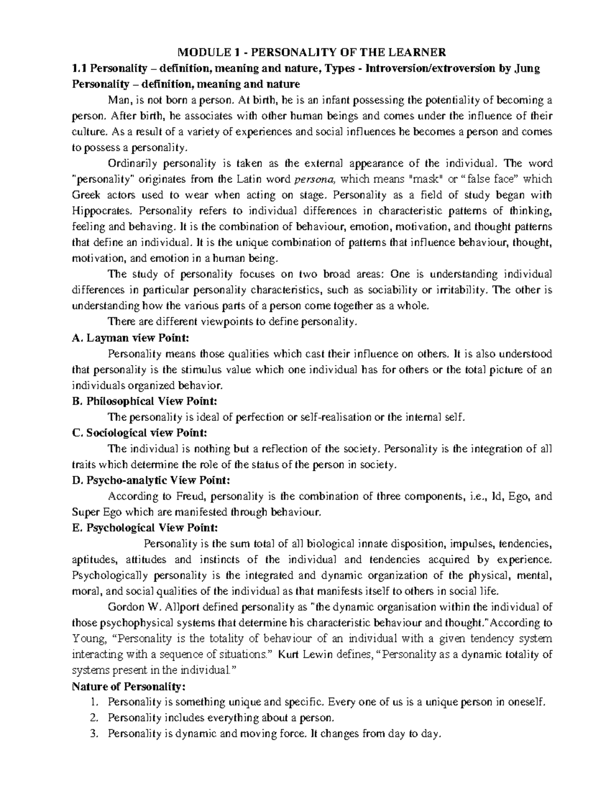 MODULE 1: PERSONALITY OF THE LEARNER - Definitions, Types, and Theories ...