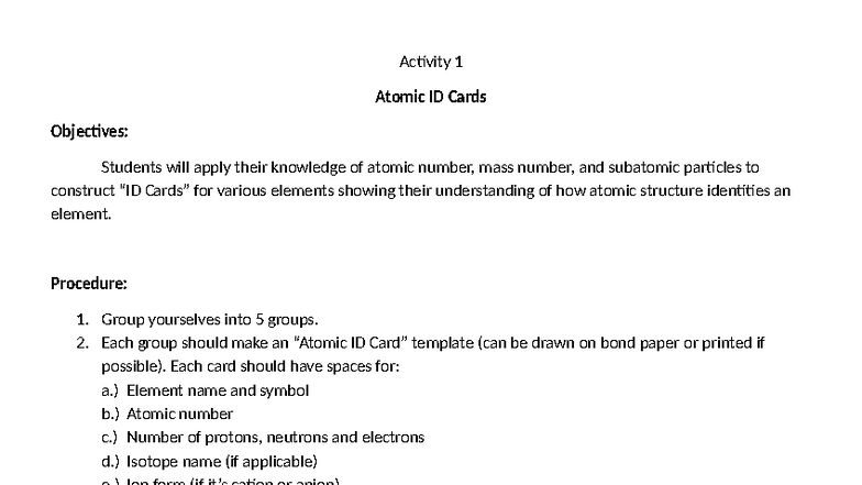Atomic ID cards - activity for the students - Activity 1 Atomic ID ...
