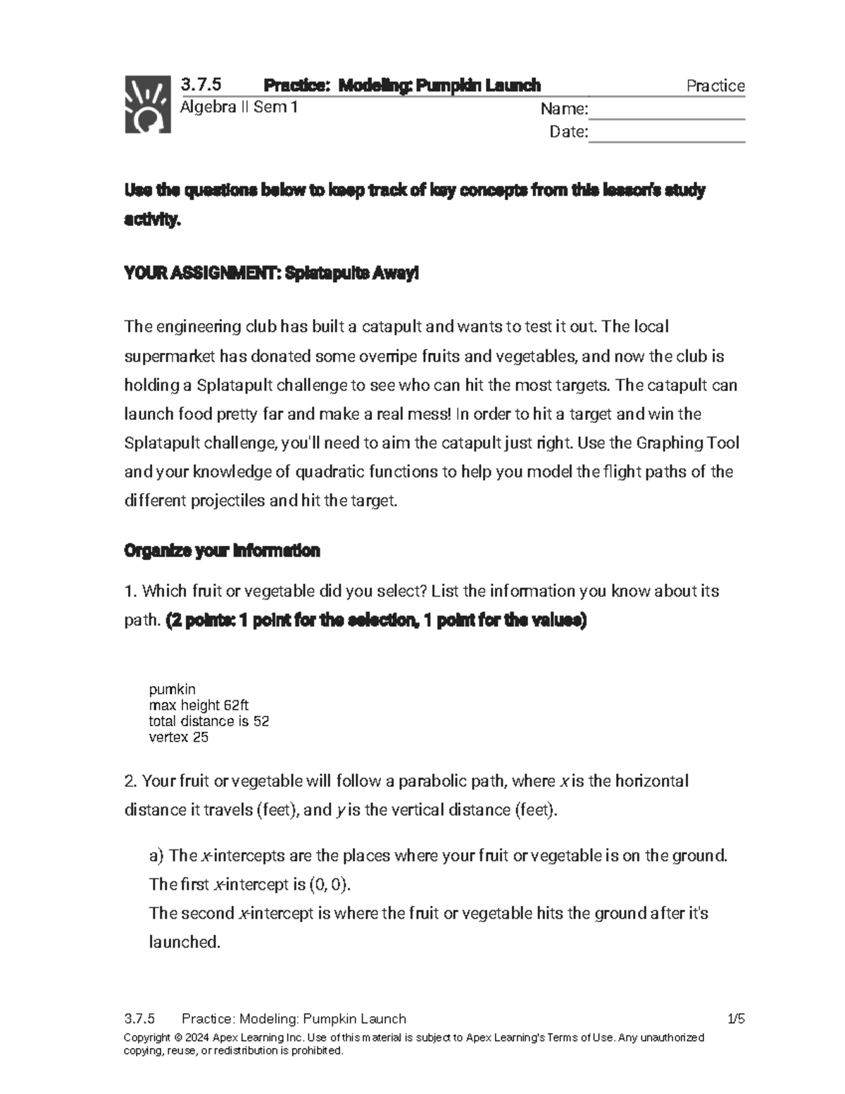 3.7.5 Practice - Modeling the Splatapult Challenge (Algebra II Sem 1 ...