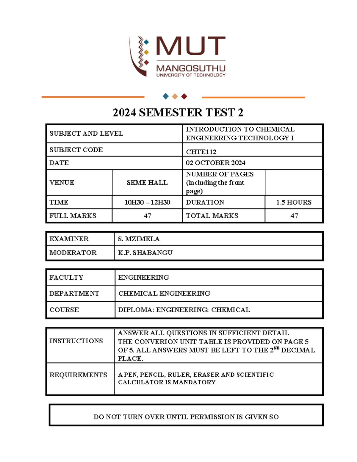 Test 2 Question Paper - MEMO - 2024 SEMESTER TEST 2 SUBJECT AND LEVEL ...