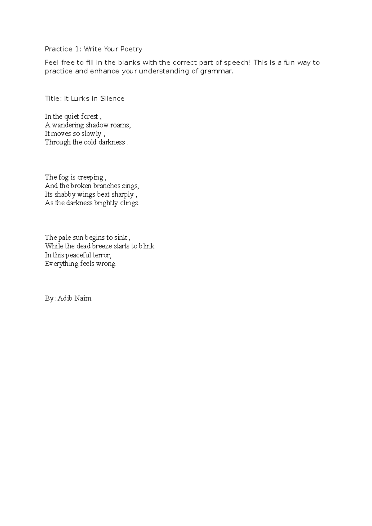 Practice 1 Parts of Speech Poem - Practice 1: Write Your Poetry Feel ...