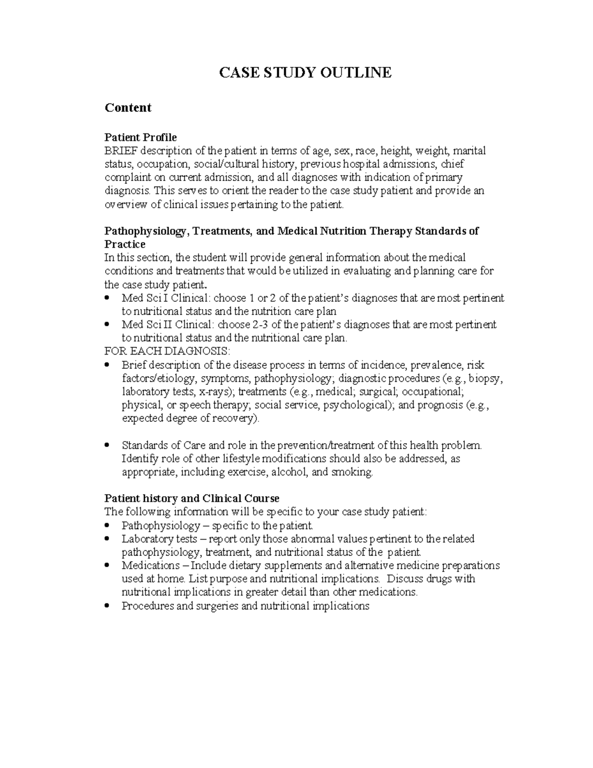 Case Study outline - CASE STUDY OUTLINE Content Patient Profile BRIEF ...