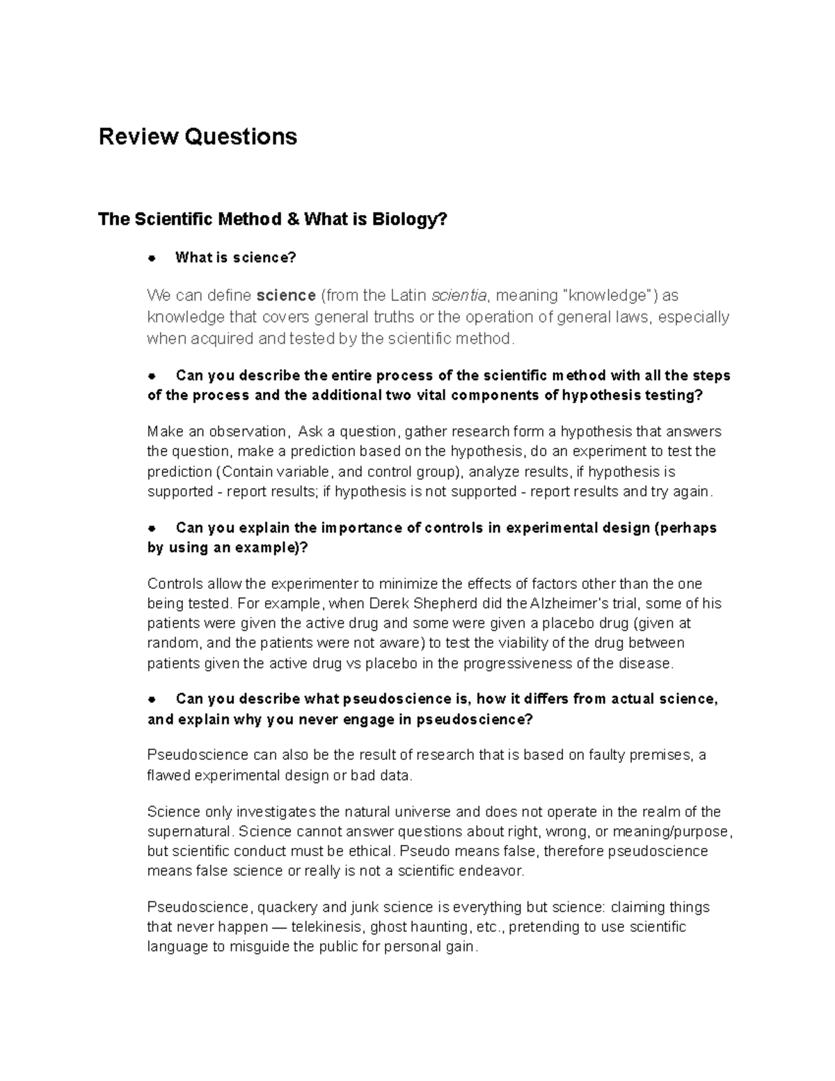 Unit 1 Exam Review: The Scientific Method & Biological Concepts - Studocu
