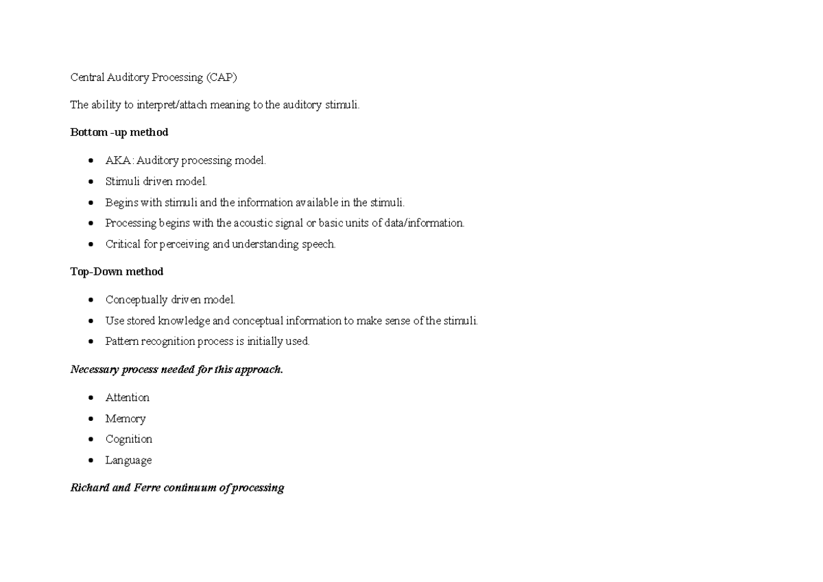 CAPD Clinic Notes - Pediatric Central Auditory Processing Exam - Studocu