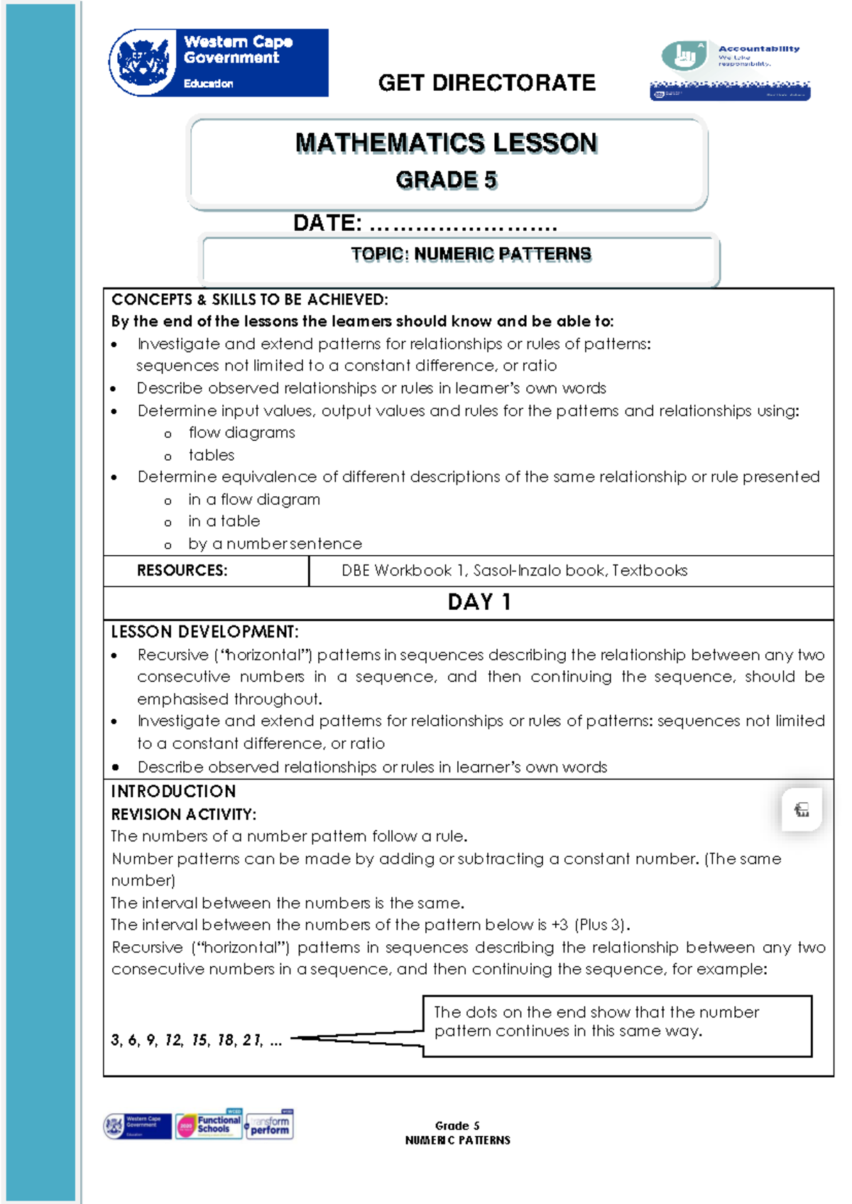 Lesson Gr 5 Mathematics T3w4 Numeric Patterns Grade 5 Numeric Patterns Get Directorate Date