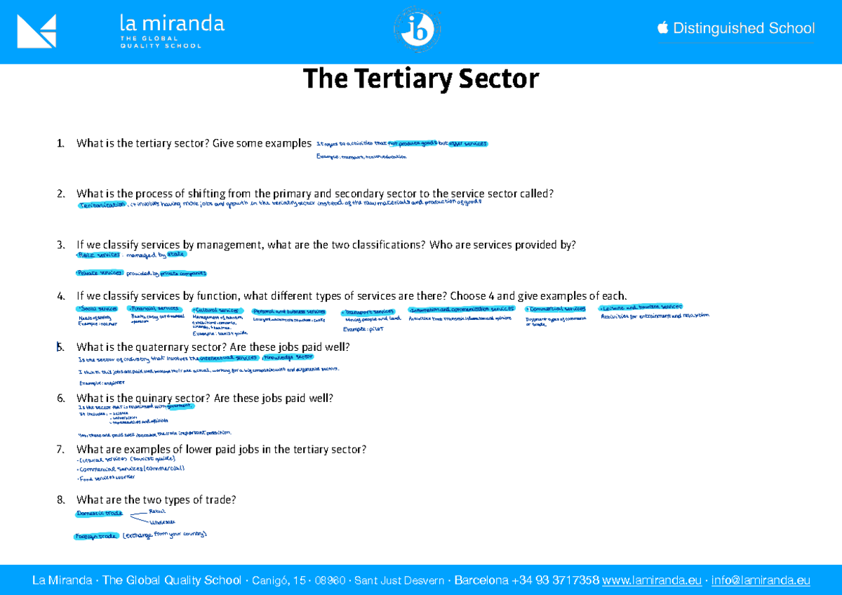 Tertiary Sector Exam Questions: Understanding Services and Trade - Studocu