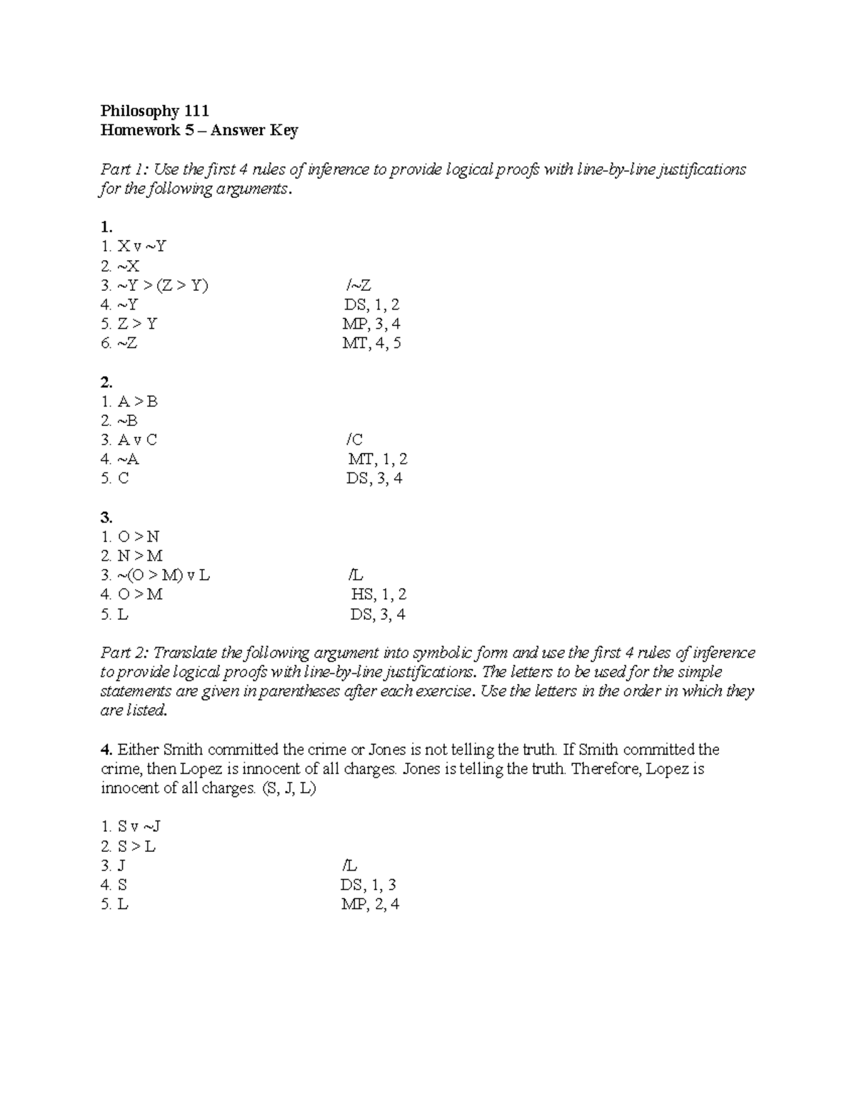 Phil 111 Homework 5 - Logical Proofs & Answer Key - Studocu