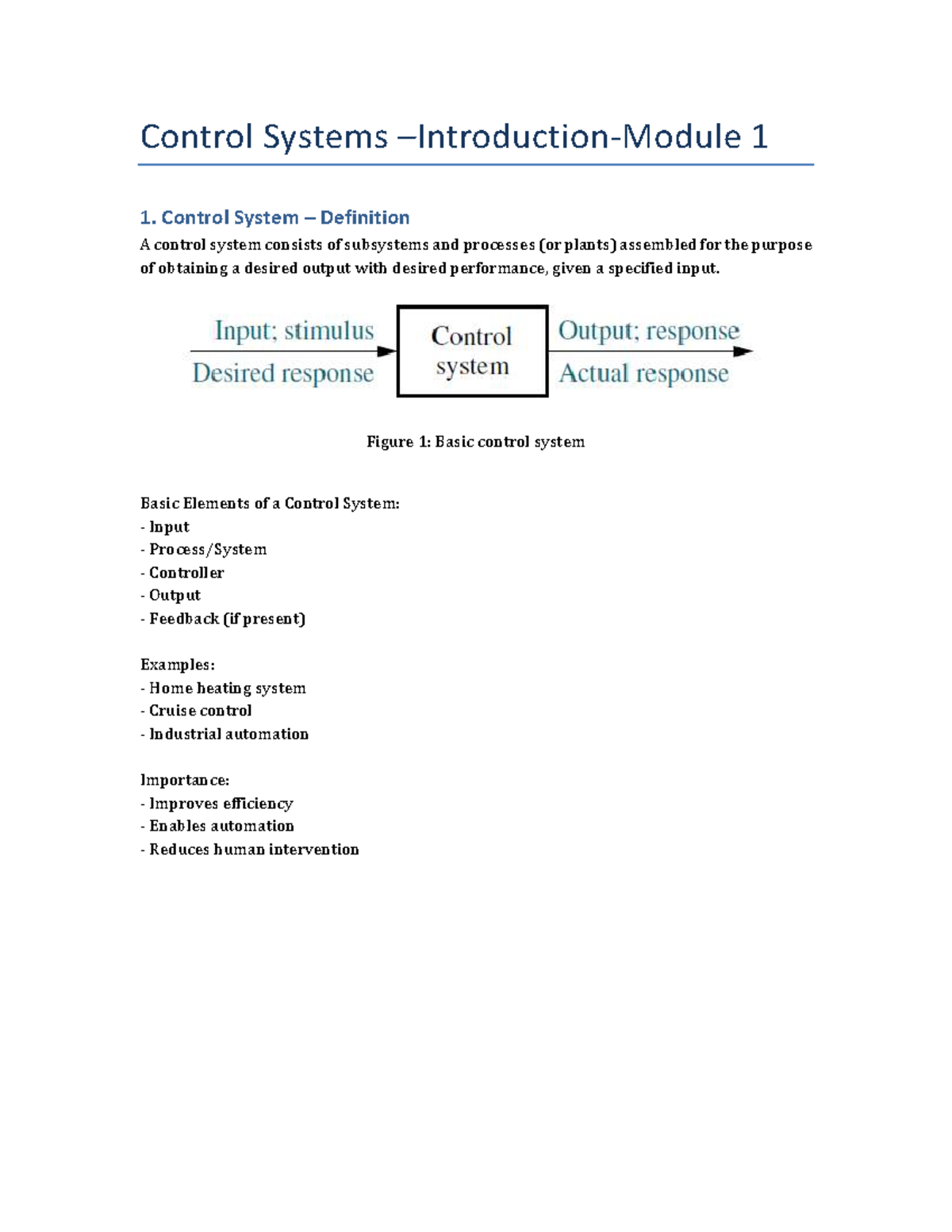 Control Systems 1: Module 1 Notes on Design and Applications - Studocu