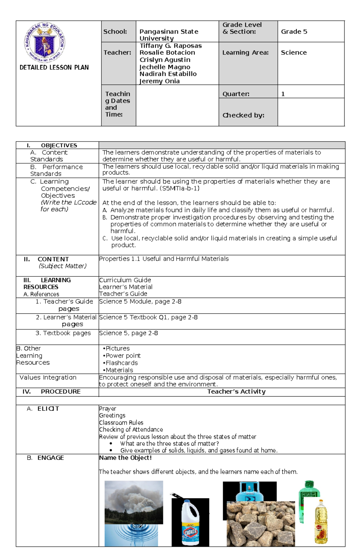 Final Lesson Plan: Grade 5 Science on Useful & Harmful Materials - Studocu