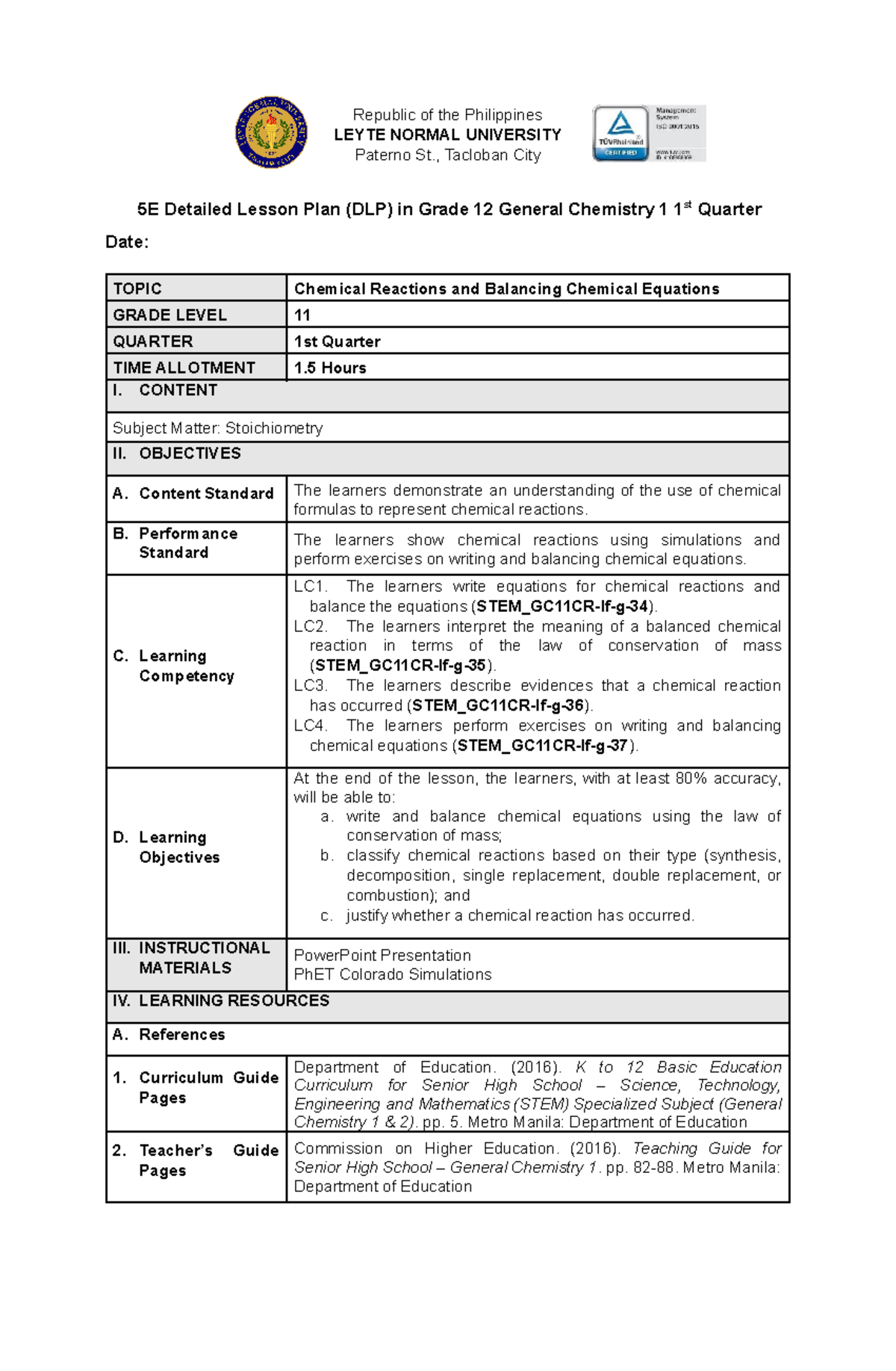 5E-DLP: Grade 11 Lesson Plan on Chemical Reactions & Balancing ...