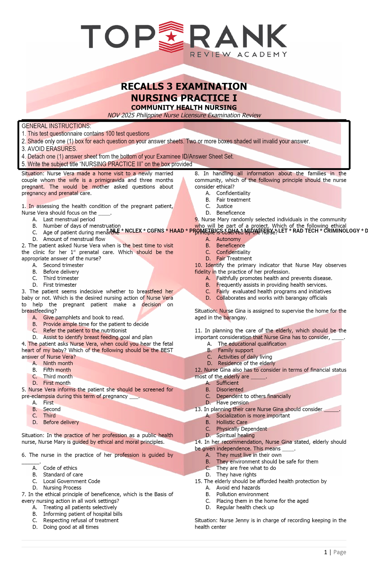 Recall 3: Nursing Practice I - Community Health Nursing Exam Review ...