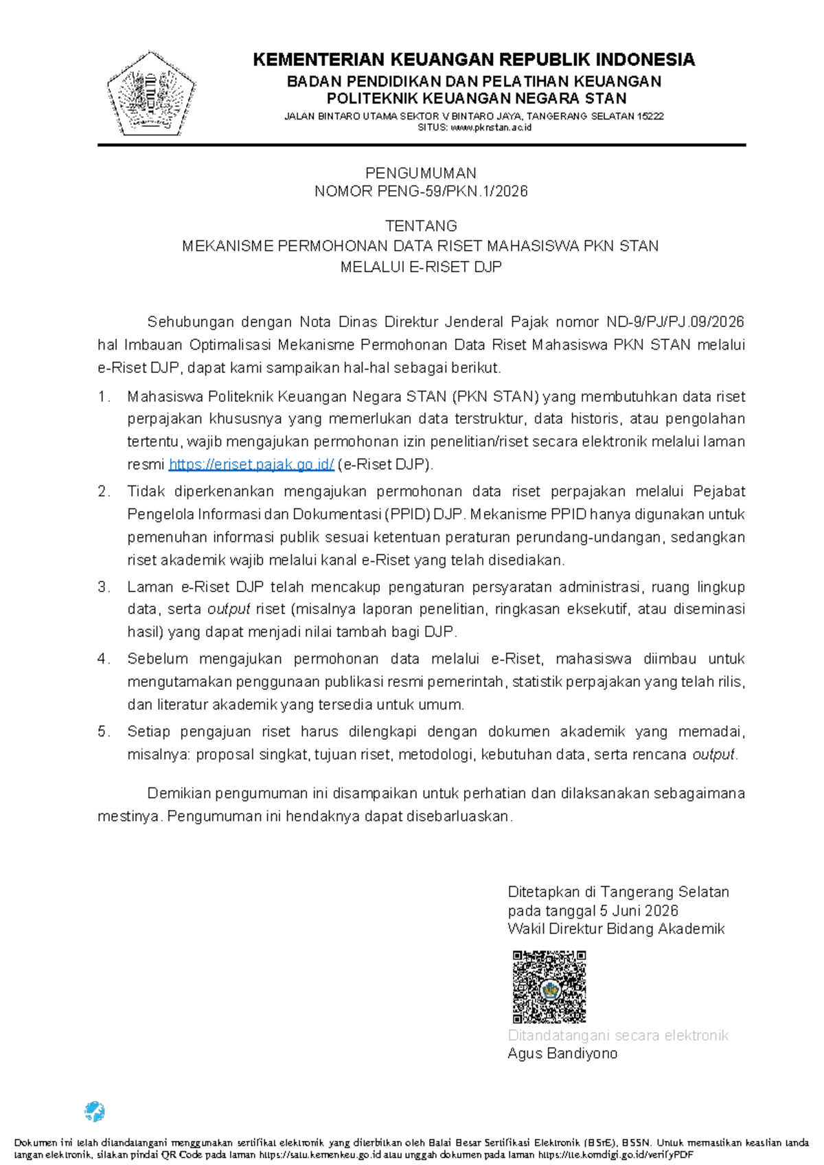 Pengumuman Mekanisme Permohonan Data Riset Mahasiswa PKN STAN - Studocu