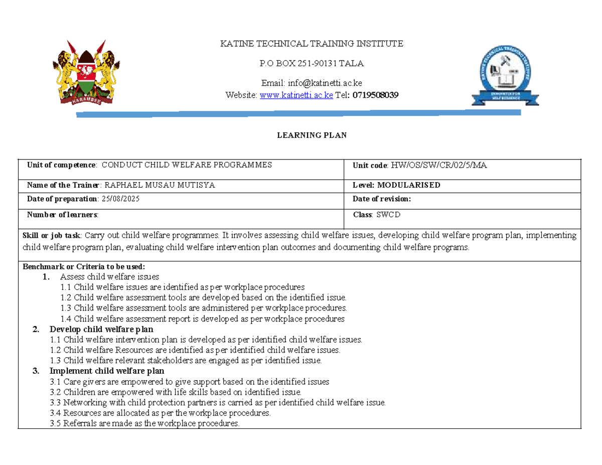 Child Welfare Programmes Learning Plan - SWCD 1234 - Studocu