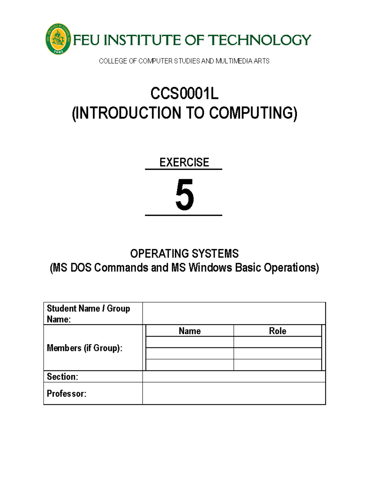 CCS0001L Intro to Computing: Exercise 5 on Operating Systems - Studocu