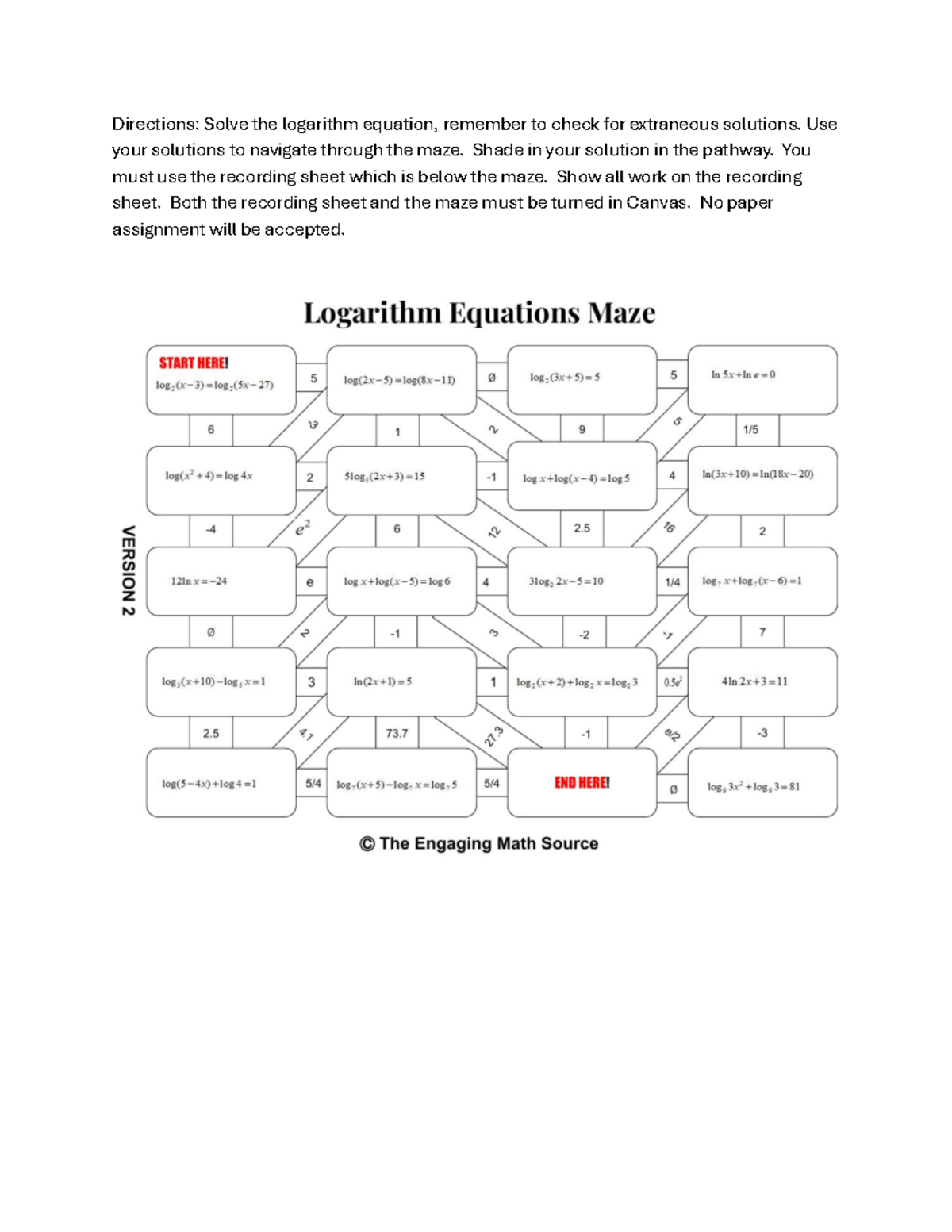 Log Equ Maze Version 2 3 - Logarithmic equations quiz - Directions ...