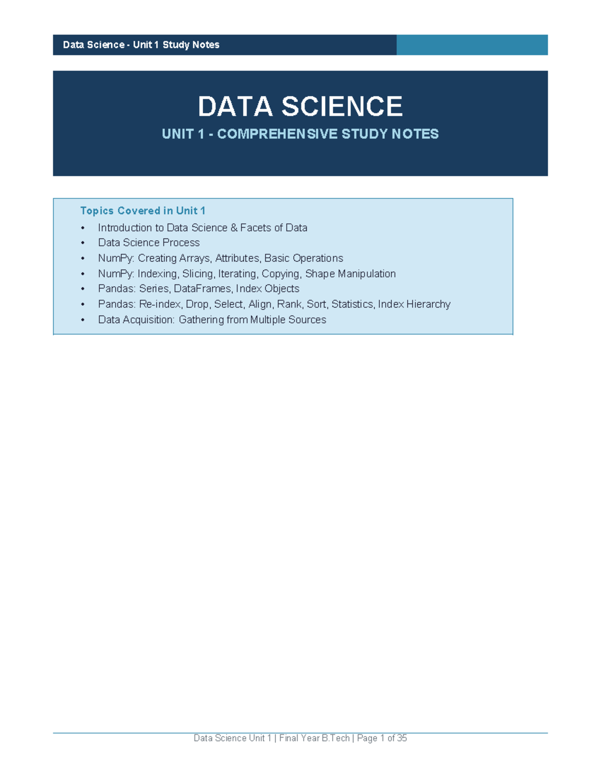 Data Science Unit 1 Comprehensive Study Notes for B.Tech - Studocu