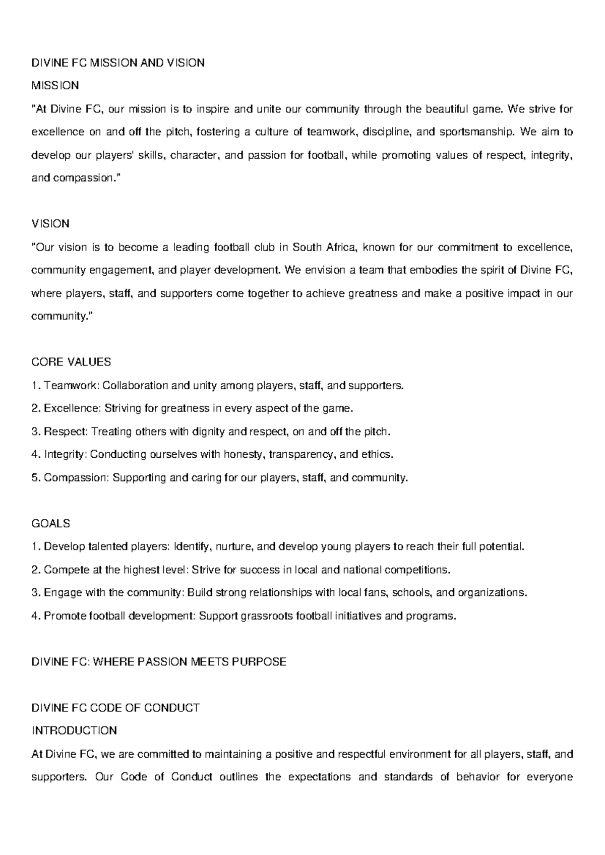 Divine FC Mission, Vision & Code of Conduct Overview - Studocu
