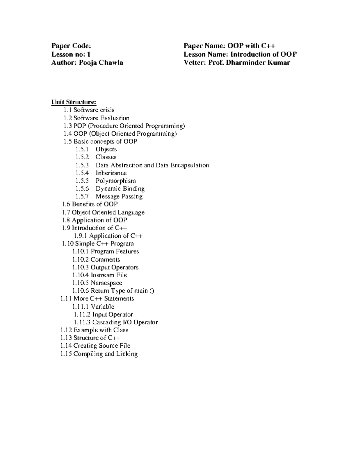 OOP with C++: Comprehensive Notes on Object-Oriented Concepts - Studocu
