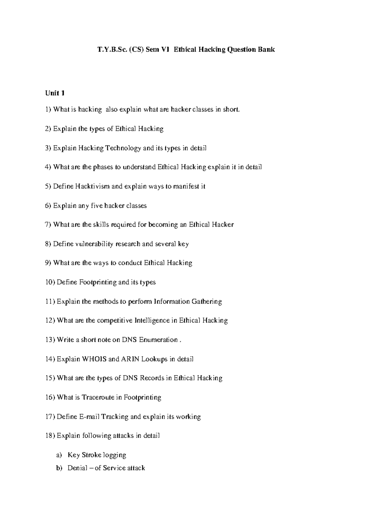 T.Y.B.Sc. (CS) Sem VI Ethical Hacking Question Bank and Key Concepts - Studocu