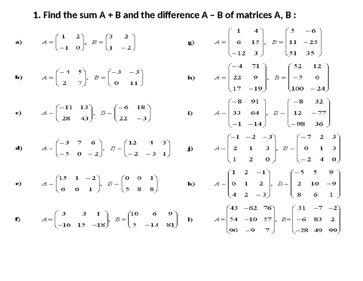 Matrices -Quizz - LECTURE - Infornation Technology - Find the sum A + B ...