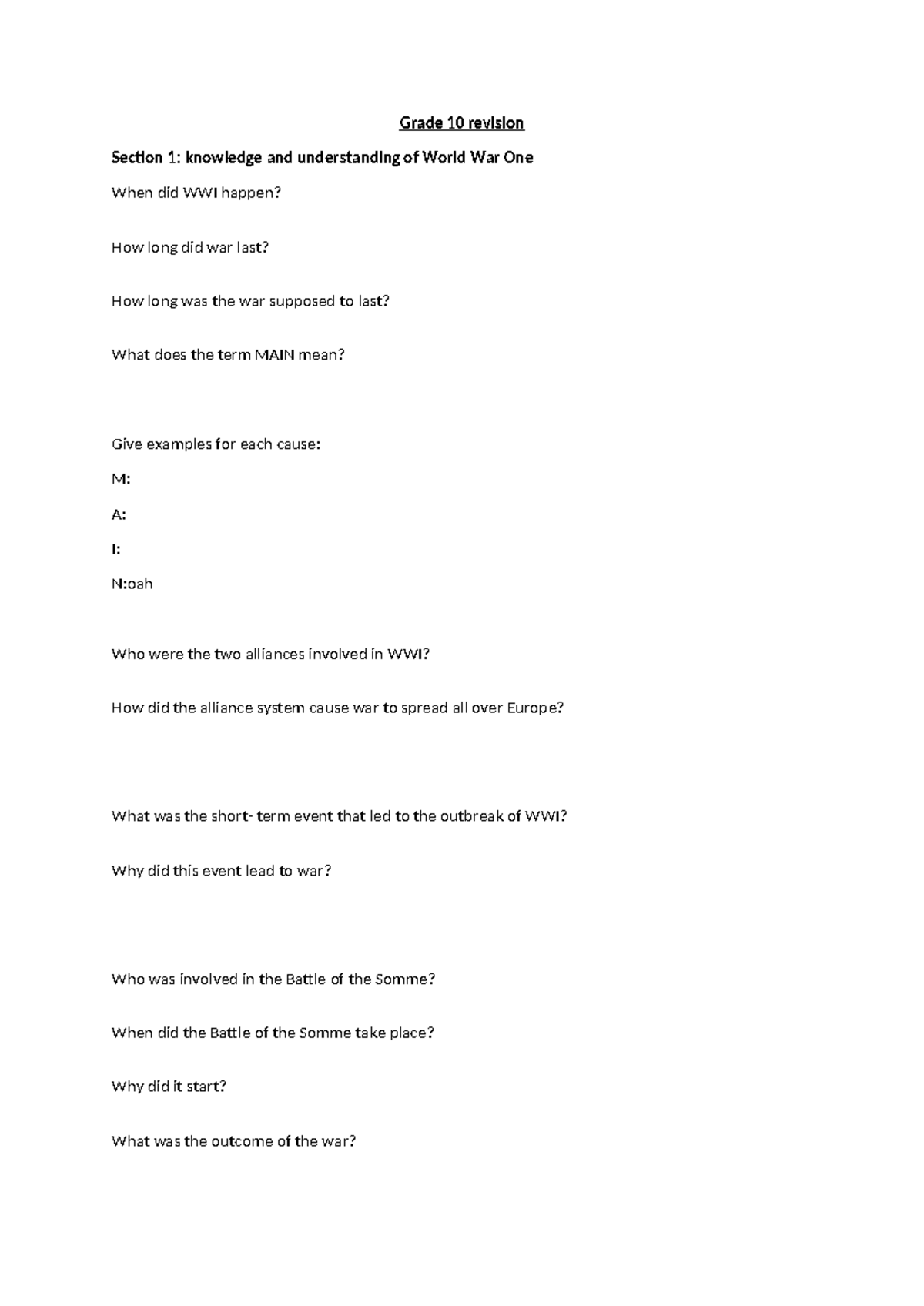 Grade 10 Mock Exam Revision: Understanding World War One - Studocu