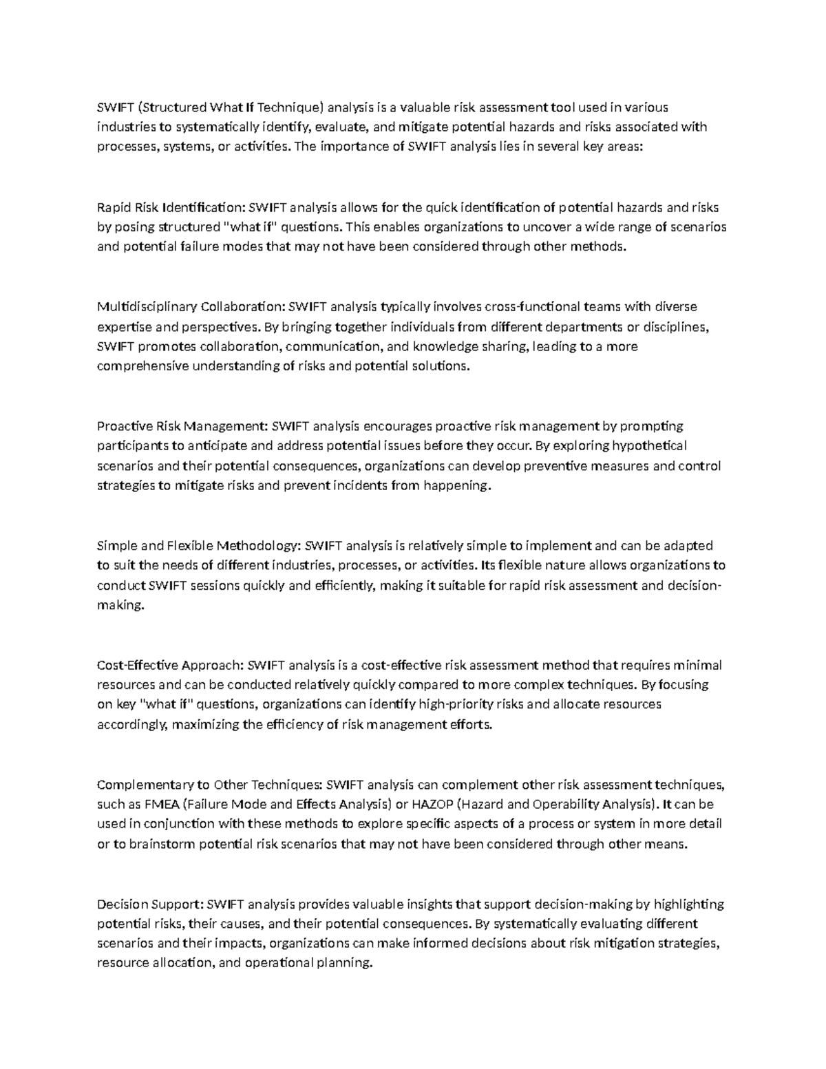 SWIFT Analysis: Rapid Risk Identification & Proactive Management - Studocu