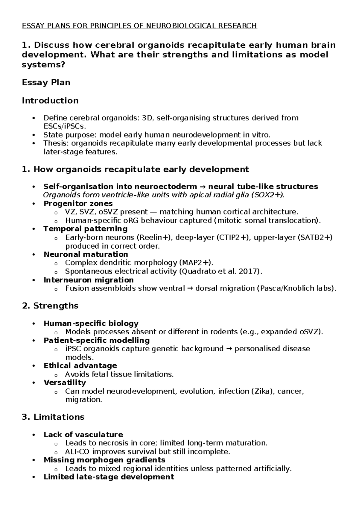 Essay Plans for Principles of Neurobiological Research: Organoids ...