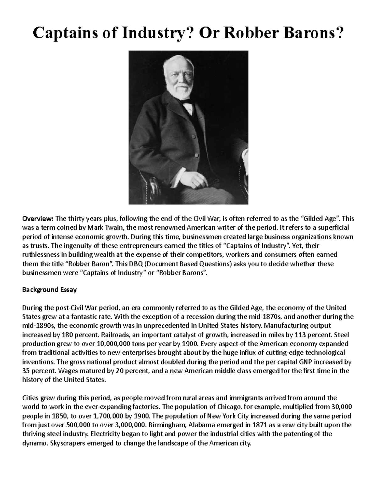 DBQ - Analyzing the Gilded Age: Captains of Industry vs. Robber Barons ...