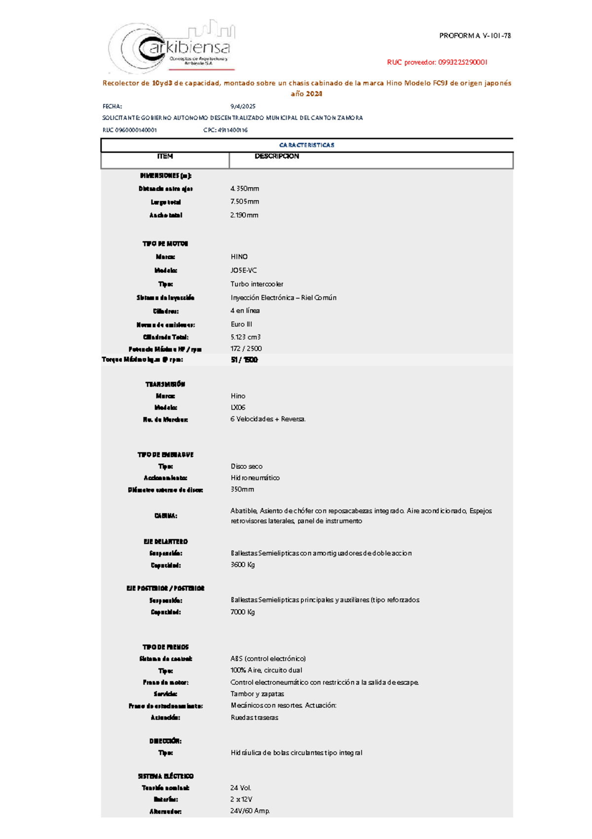 Presupuesto Proforma Recolector HINO 10yd3 - 2024 - Studocu