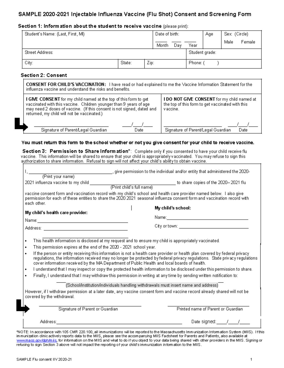 SAMPLE Flu Vaccine Consent & Screening Form 2020-2021 - Studocu