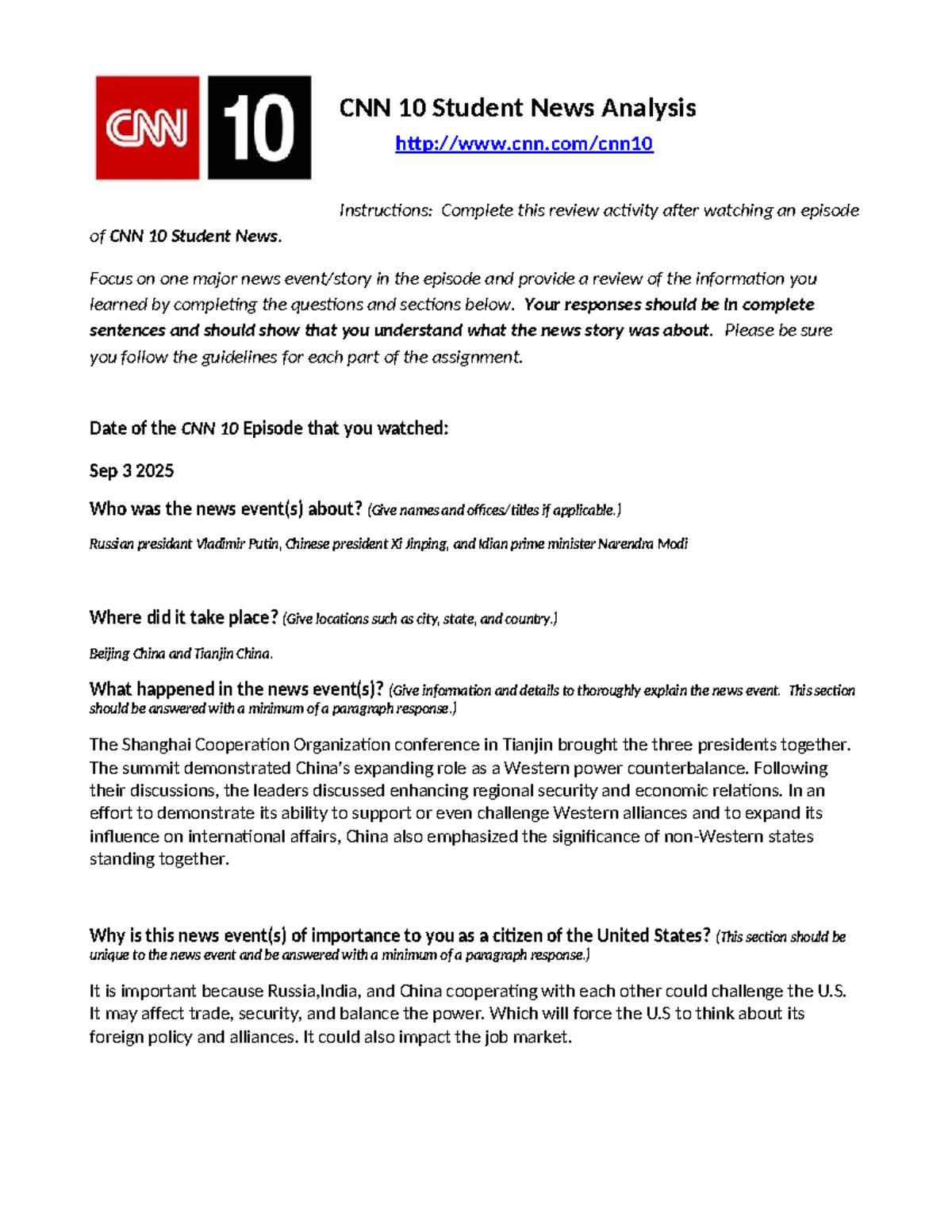 CNN 10 Student News Review: Analysis of Sep 3, 2025 Episode - Studocu