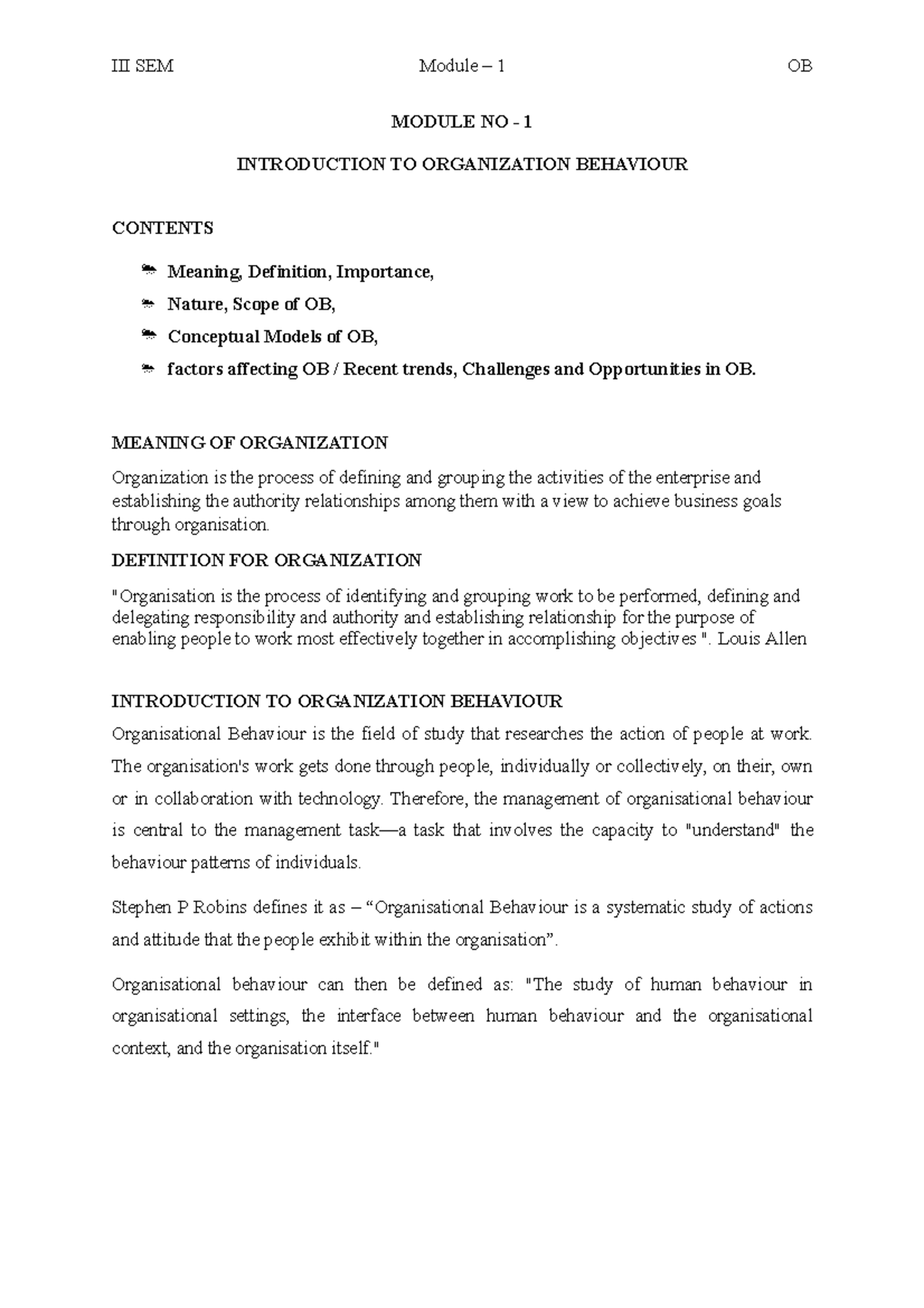 Module 1: Intro to Organizational Behavior - III Sem Notes - Studocu