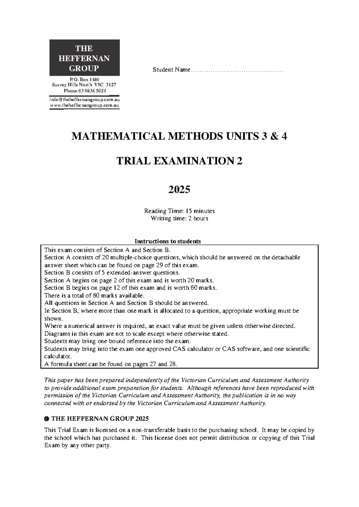 Mathematical Methods Units 3 & 4 Trial Exam 2 - Heffernan Group 2025 ...