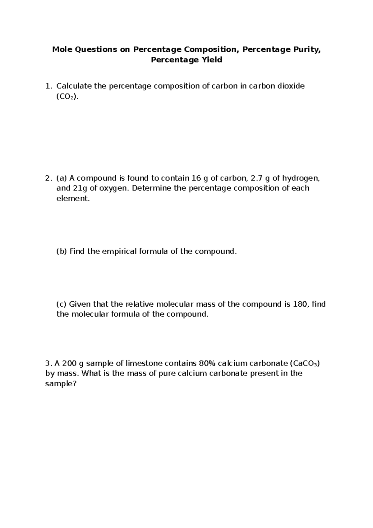 Mole Questions: Percentage Composition & Yield Calculations - Studocu
