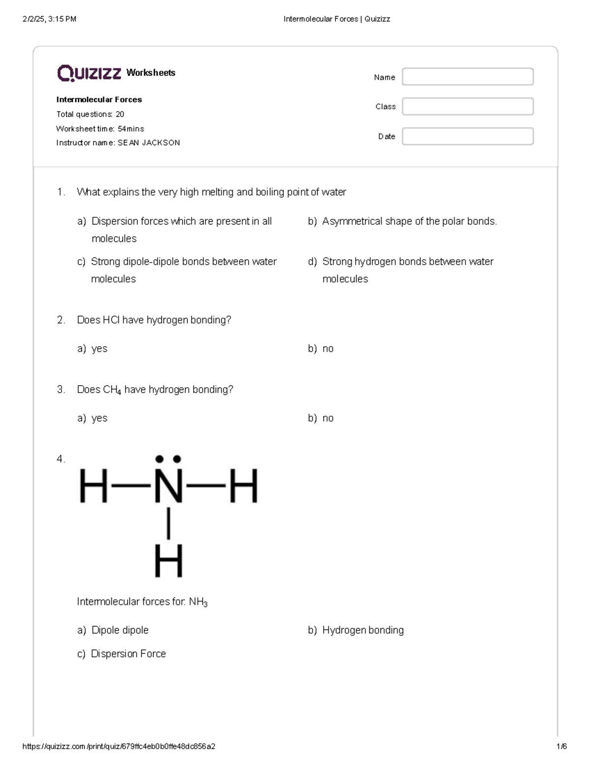 Intermolecular Forces Quizizz Worksheet (3:15 PM) - Practice Problems ...