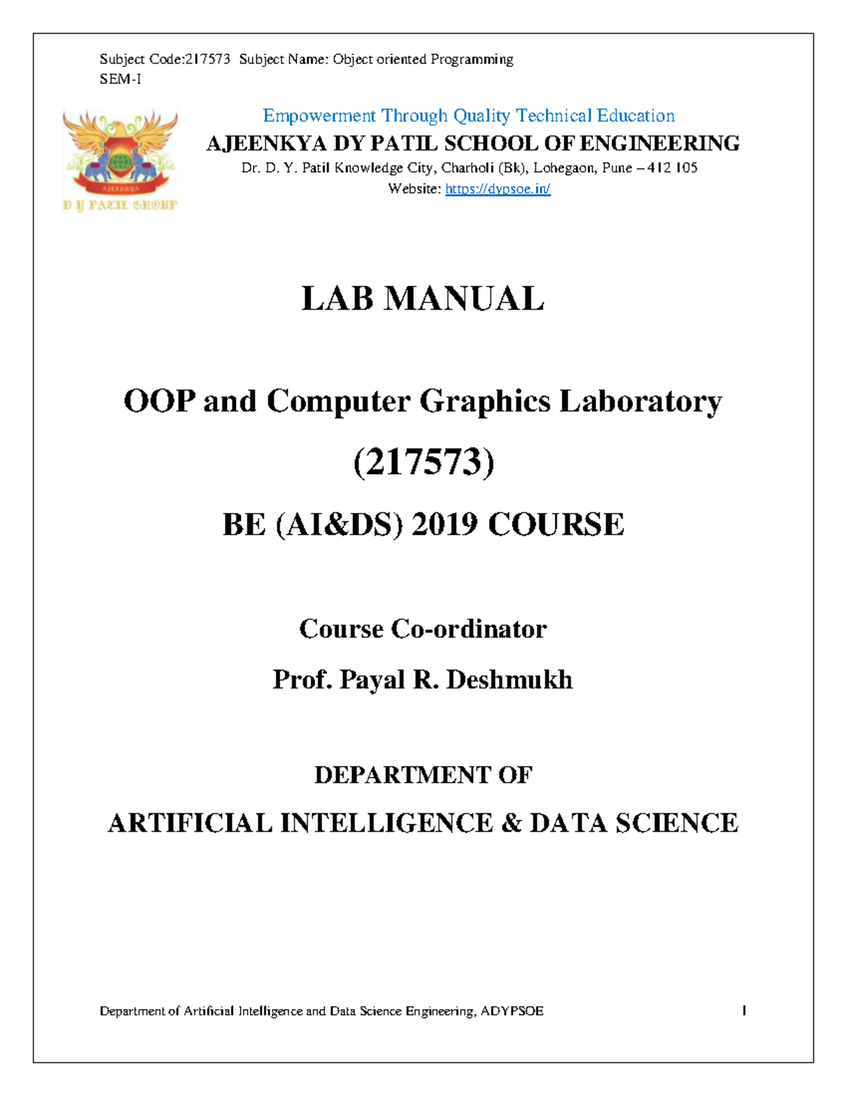 OOP Lab Manual (217573) for AI & Data Science Engineering - Studocu