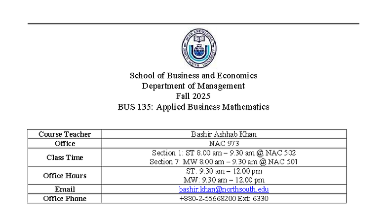 BUS 135: Applied Business Mathematics Course Outline - Fall 2025 - Studocu