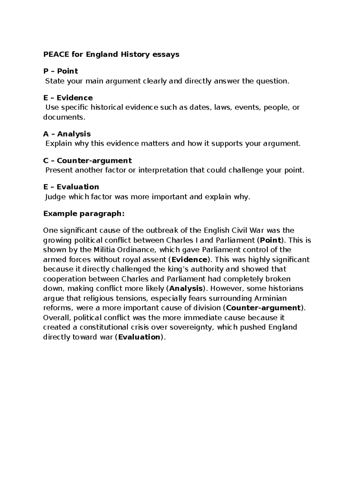 PEACE Structure for England History Essays: A Guide - Studocu