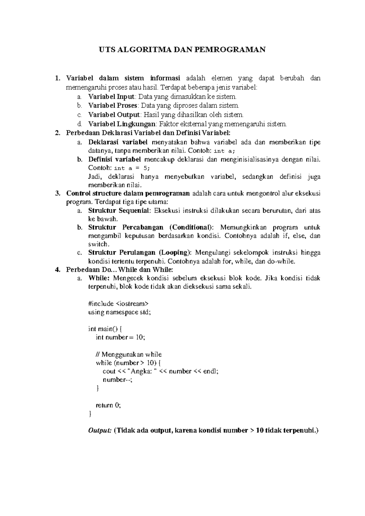 Uts Algoritma Dan Pemrograman Konsep Variabel Dan Struktur Kontrol