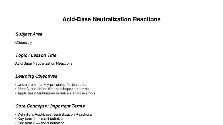 09 - Lesson on Acid-Base Neutralization Reactions in Chemistry - Studocu