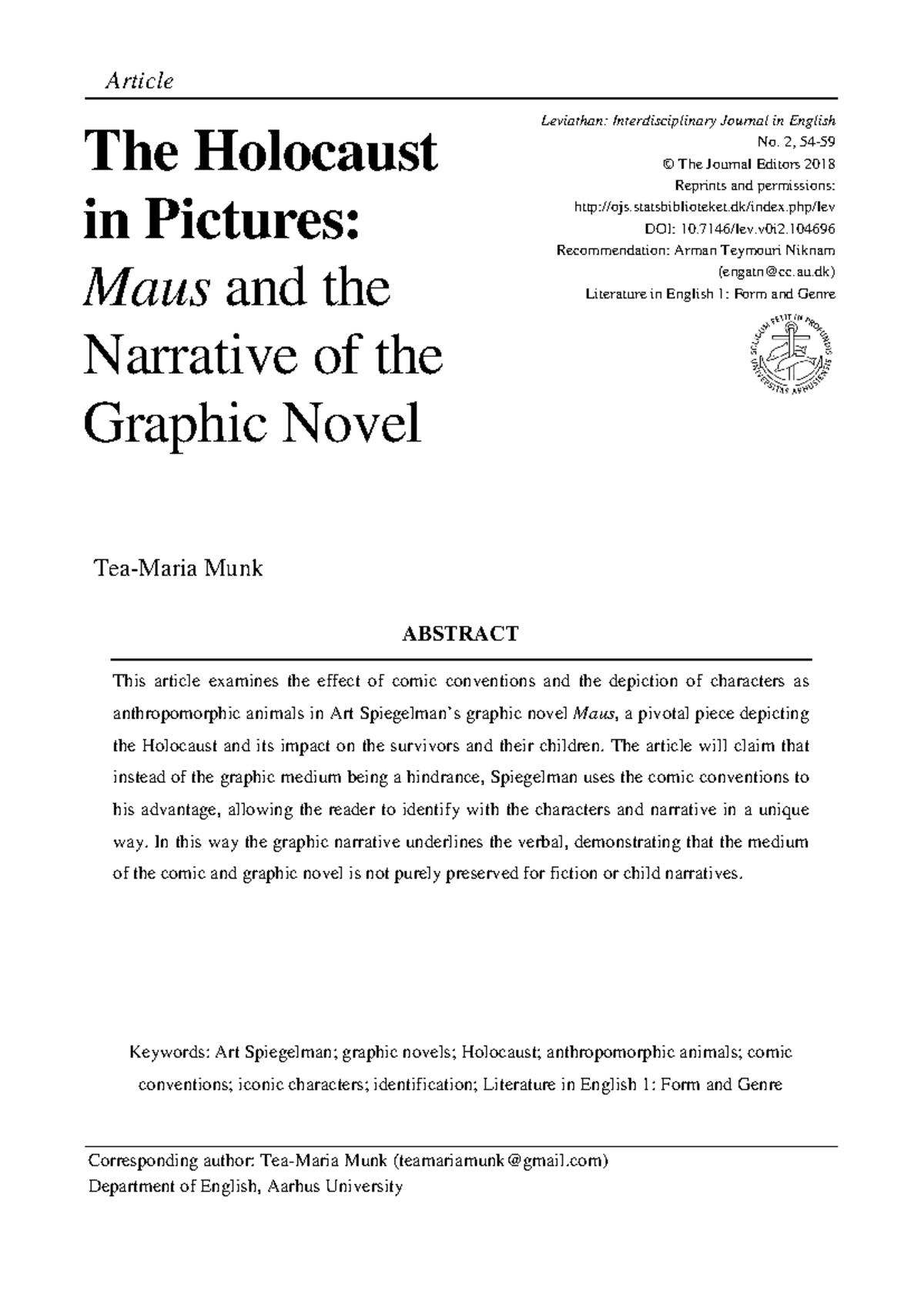 Literature in English 1: Graphic Novel Analysis of Maus and the ...