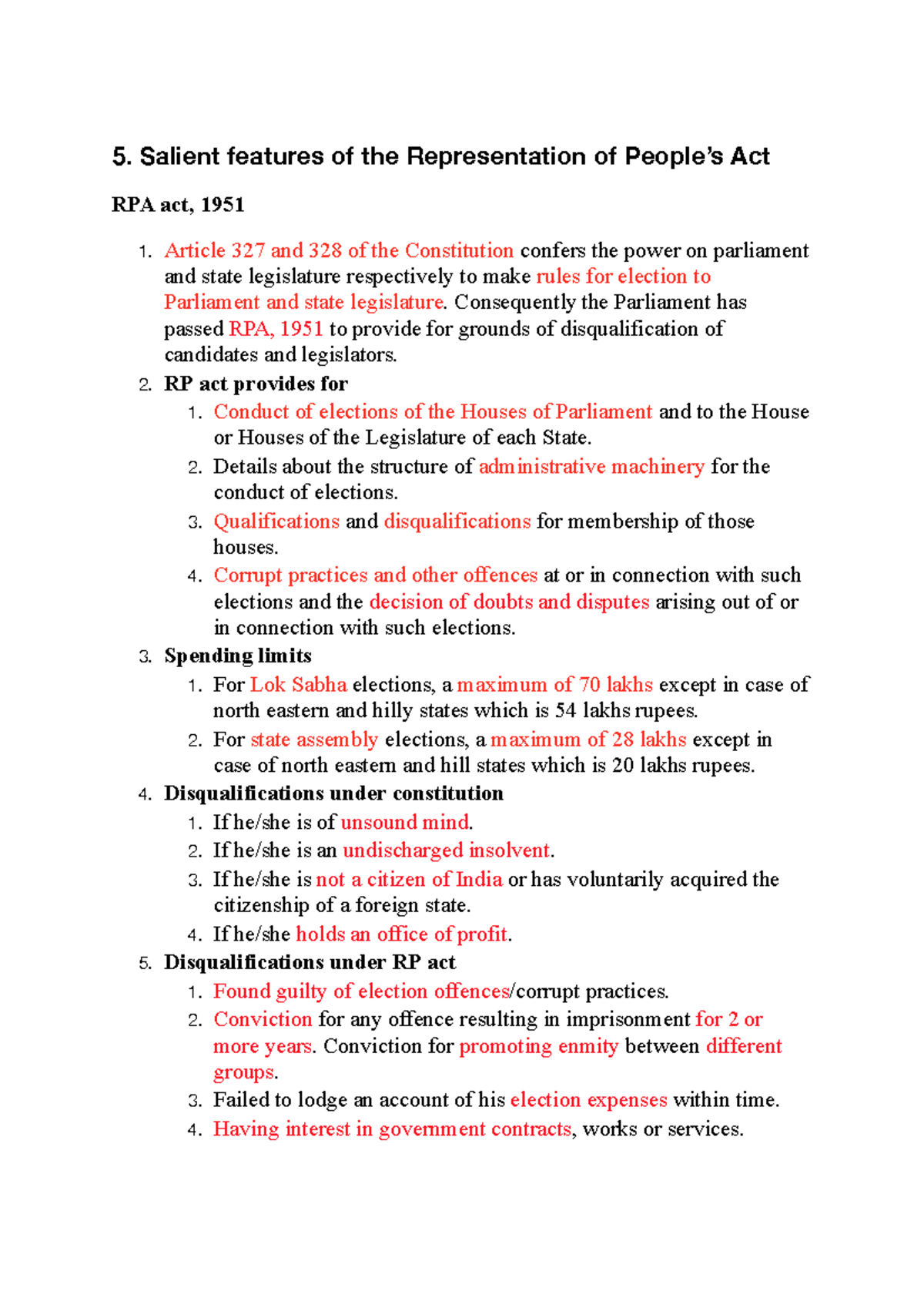 RP-Act 1951: Key Notes on Representation of People’s Act Features - Studocu