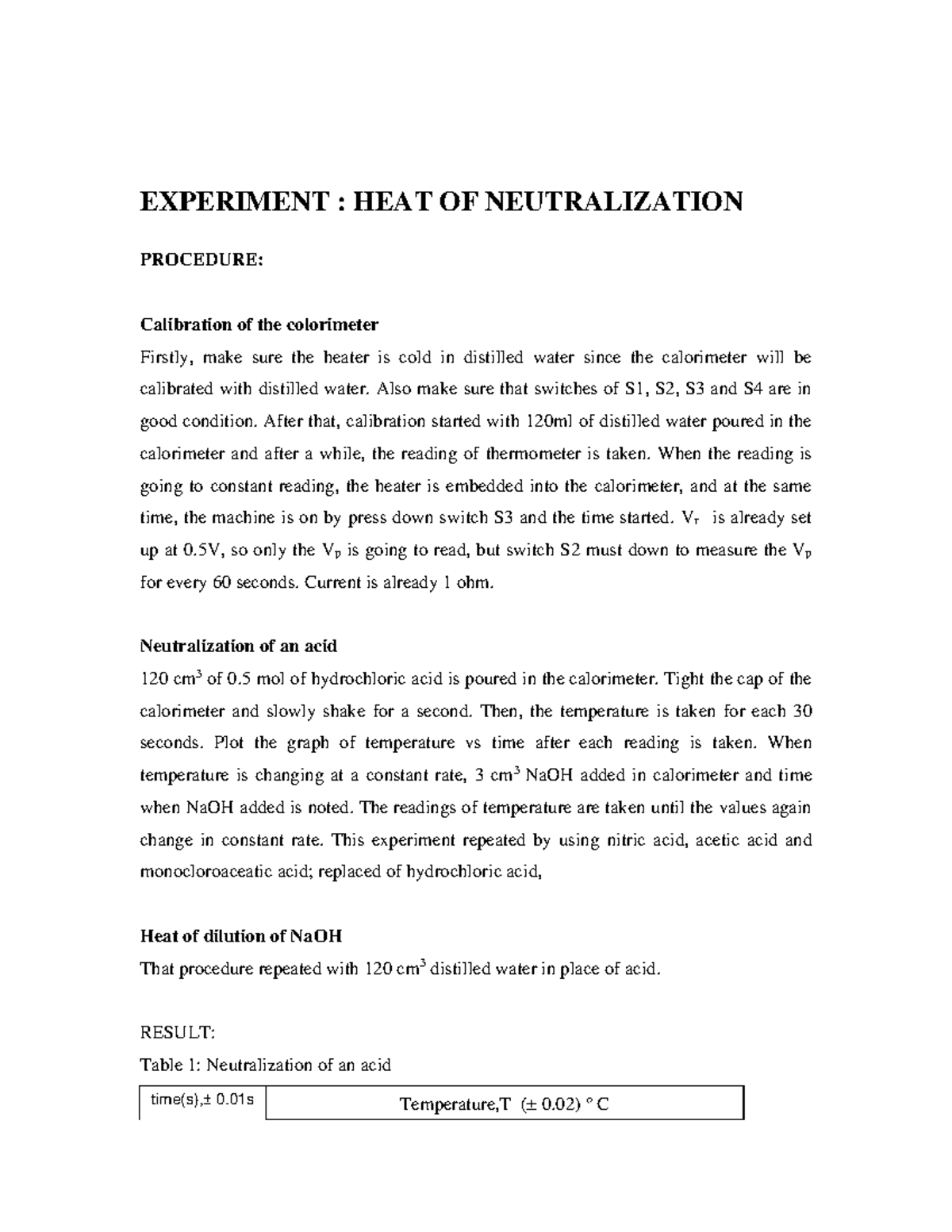 Heat of Neutralization Experiment 2: HCl, HNO3, and CH3COOH Analysis ...