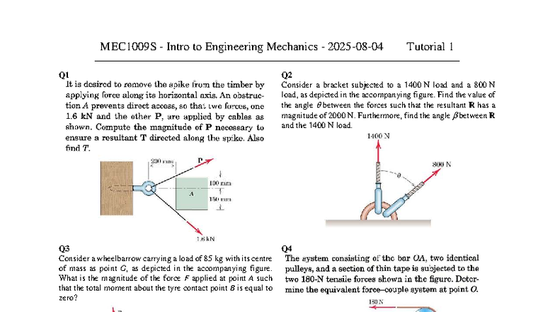 MEC1009S 2025 - Engineering Mechanics Tutorial 1 Solutions - Studocu
