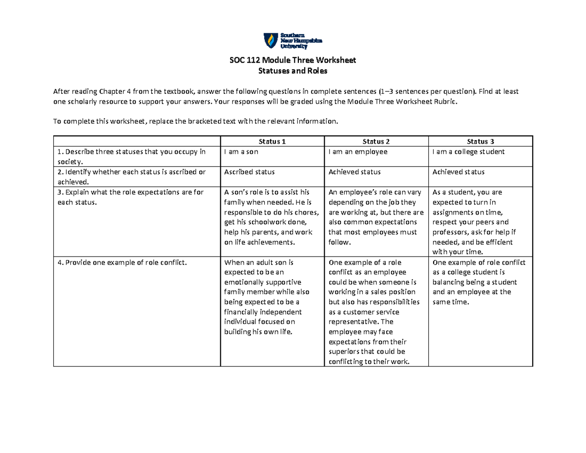 SOC 112 Module Three Worksheet: Statuses and Roles Analysis - Studocu