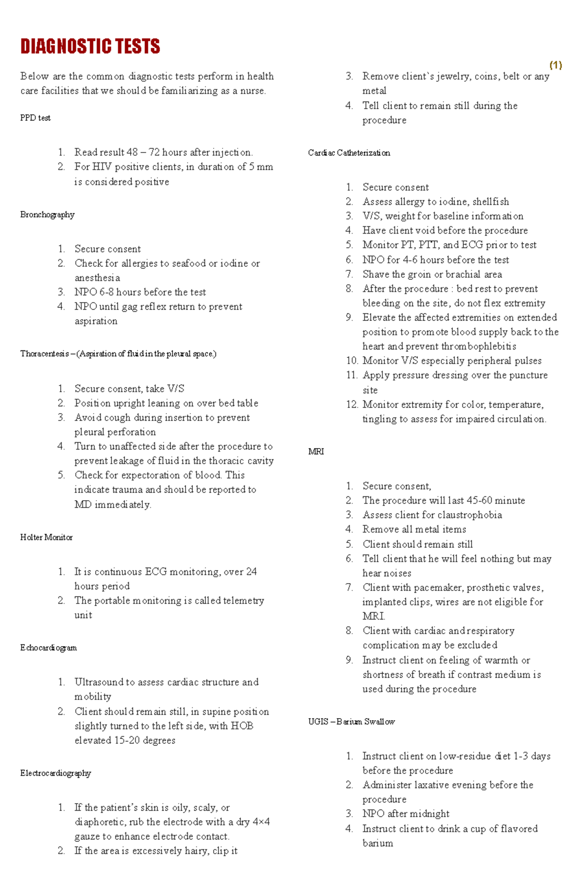 NURS 101: Diagnostic Tests Lecture Notes for Final Exam Preparation ...