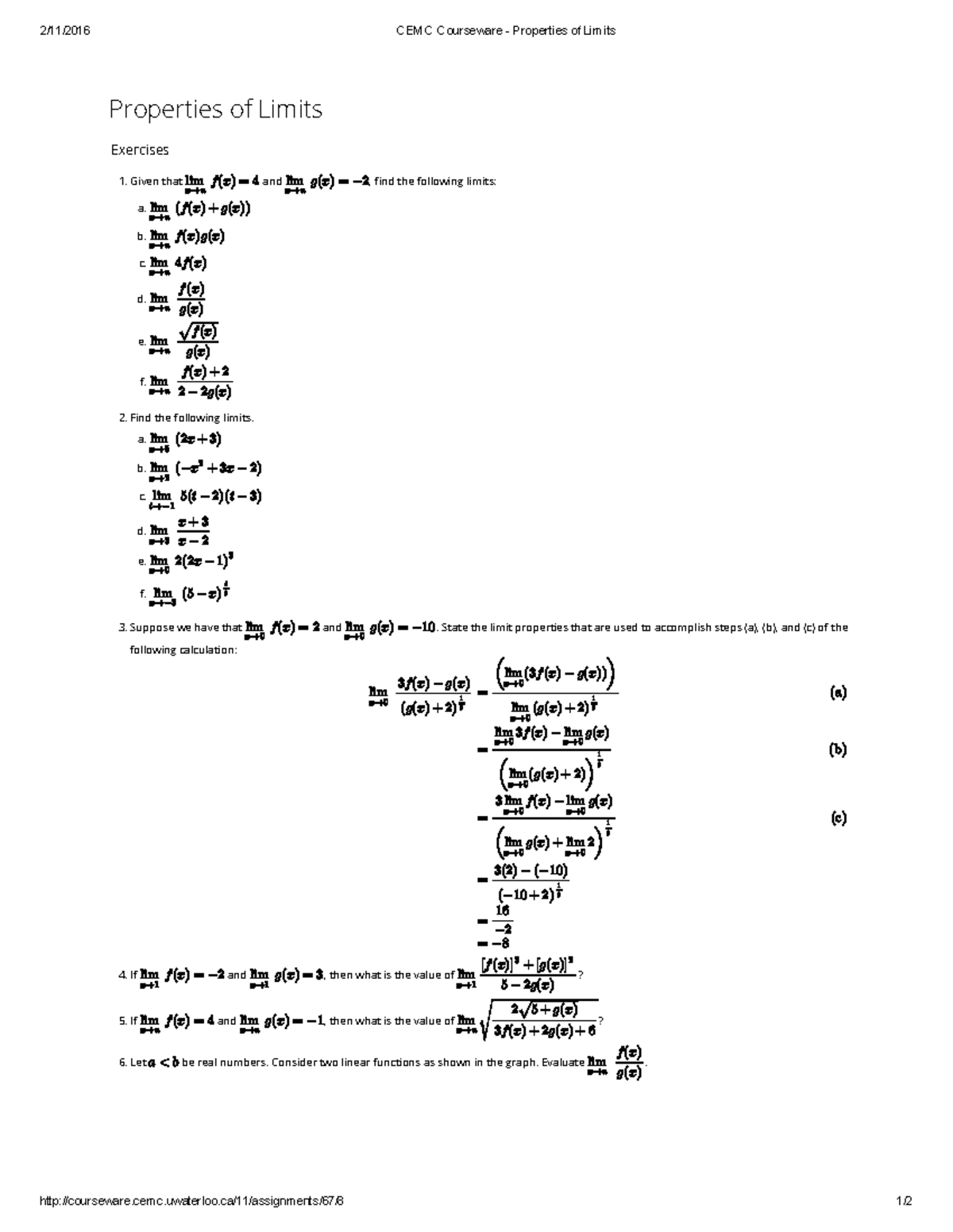 1.03 - Properties of Limits Exercises - 2/11/2016 CEMC Courseware ...
